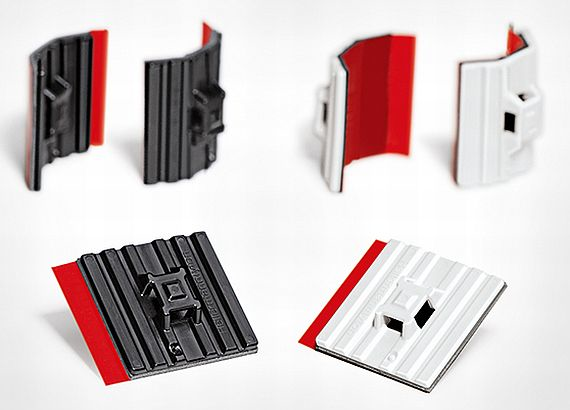 Cable tie mounts for routing wires, cables, and hoses on curves and angles introduced by ...